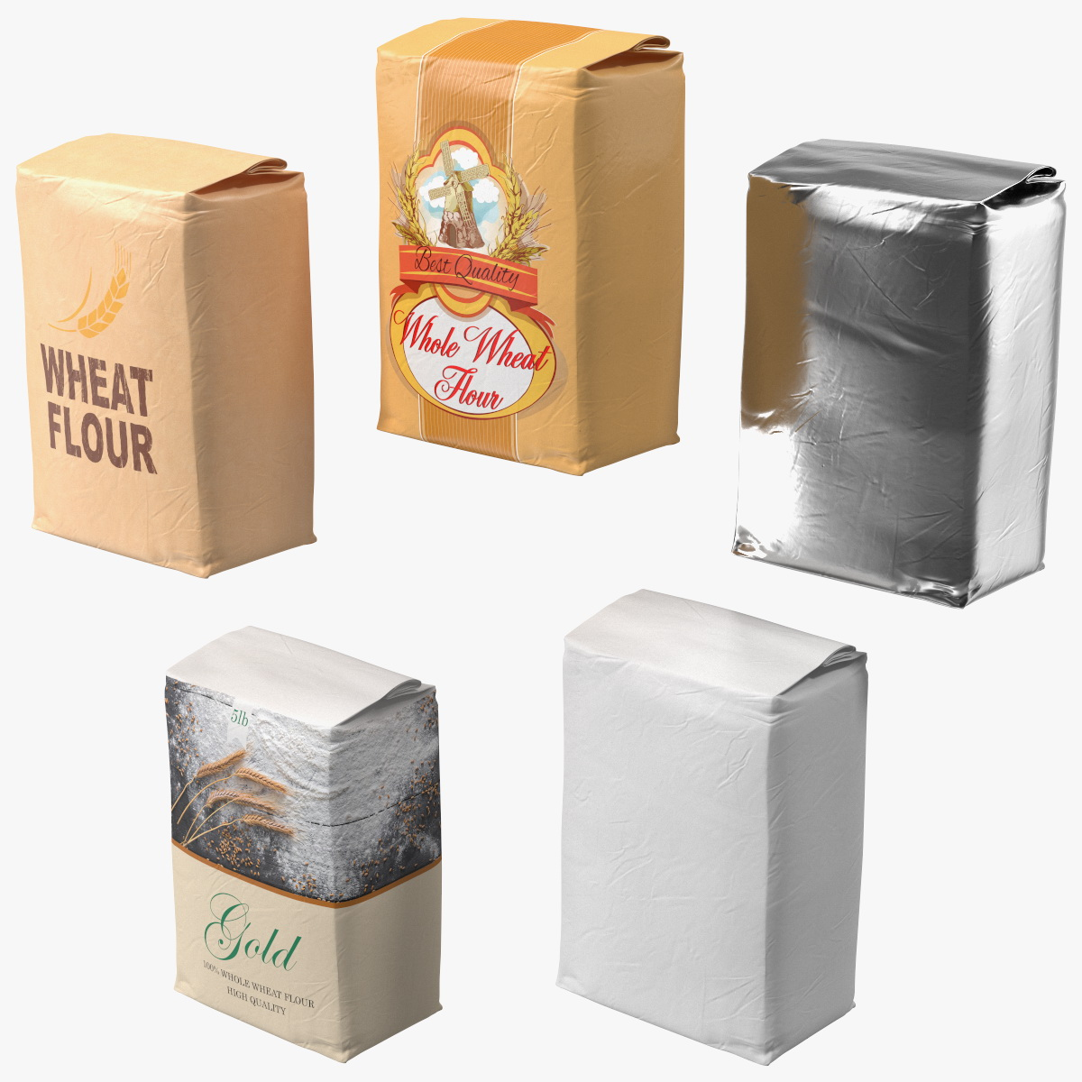 3D Wheat Flour Paper Bag 5lb Set model - TurboSquid 1796021