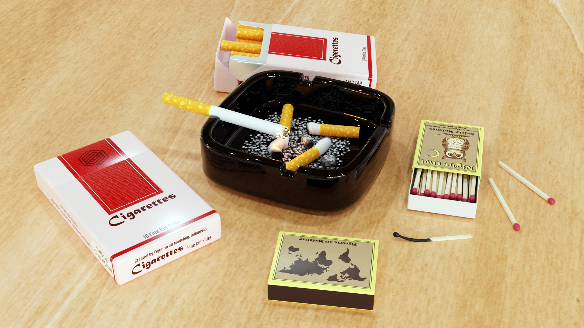 3D Model Cigarette Ashtray Match 001 - TurboSquid 2275695