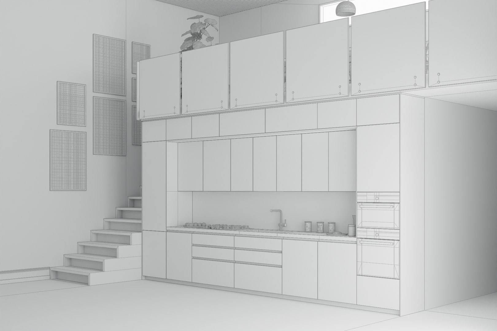 Linear Modern Kitchen Blue And Chrome With Industrial Staircase 3D ...