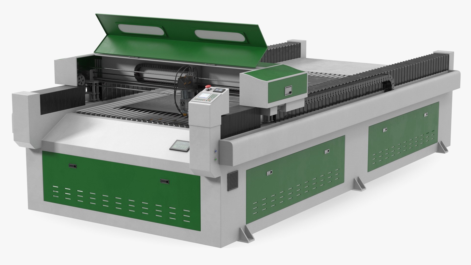 3D Green Large Format CNC Laser Cutter With Aluminum Sheet Rigged Model ...