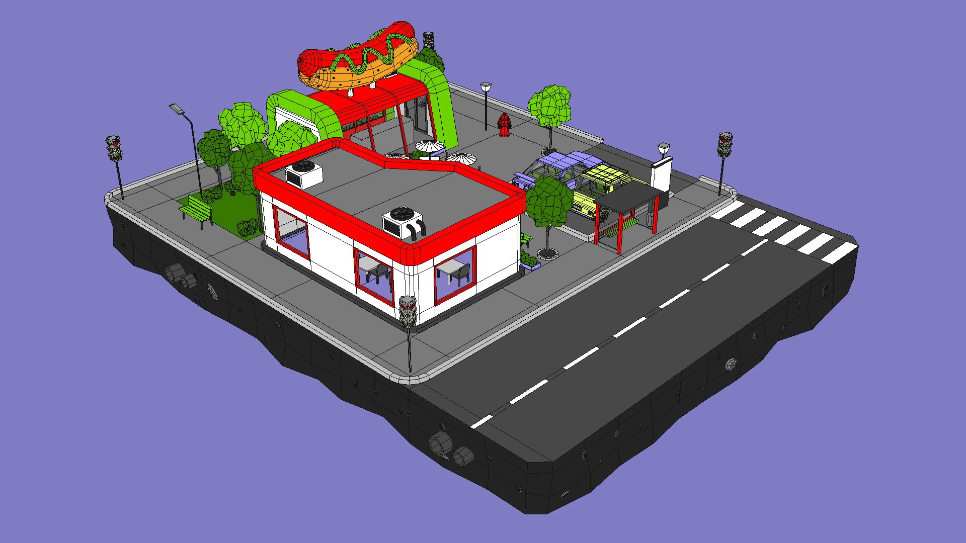 Hot Dog Cafe Block From Cartoon Low Poly City Model - TurboSquid 1871275