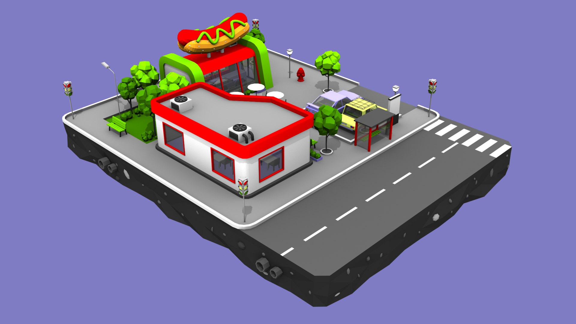 Hot Dog Cafe Block From Cartoon Low Poly City Model - TurboSquid 1871275