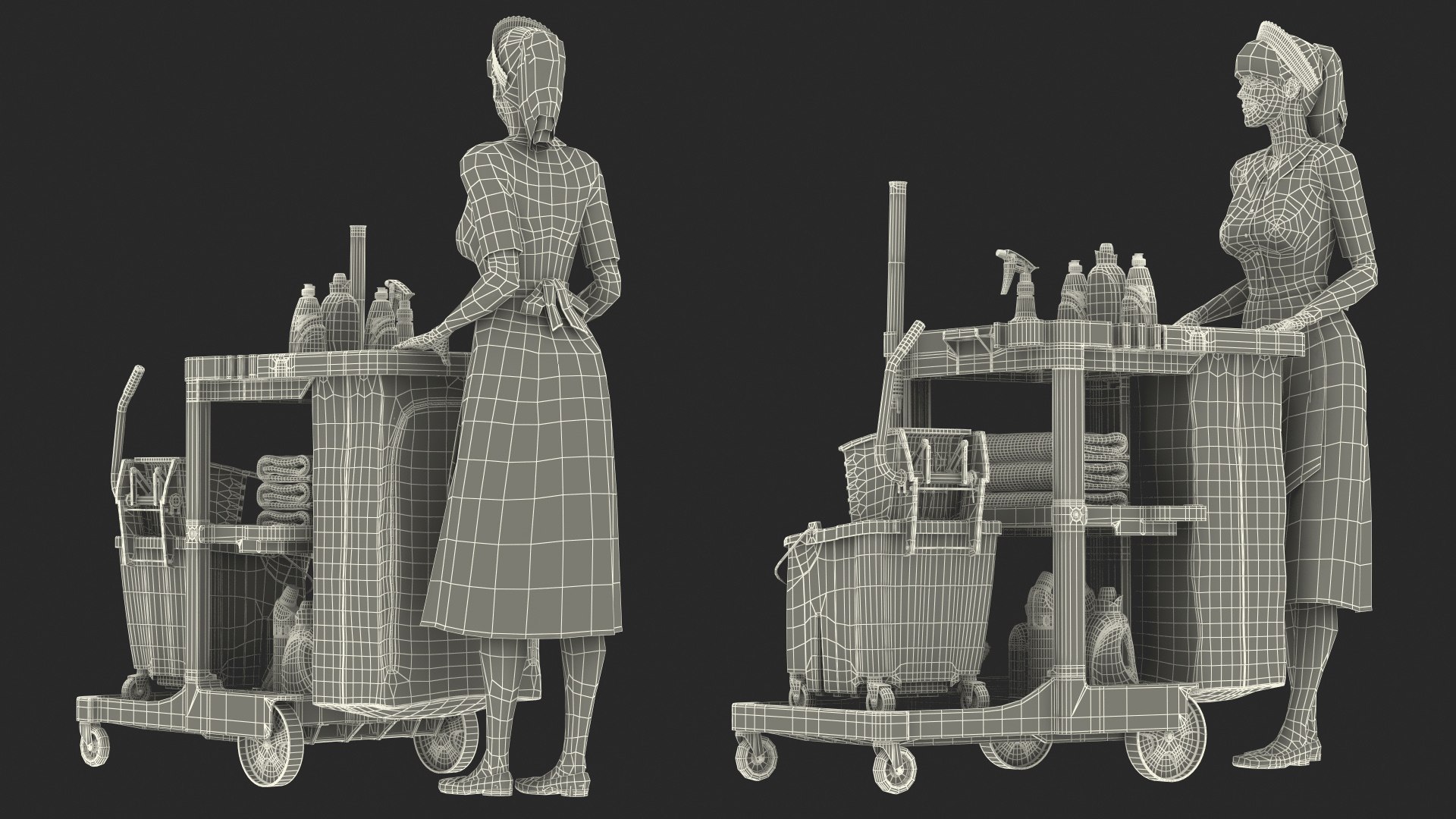 Housekeeping Maid With Multi Shelf Cleaning Cart Rigged Fur For Maya 3D ...