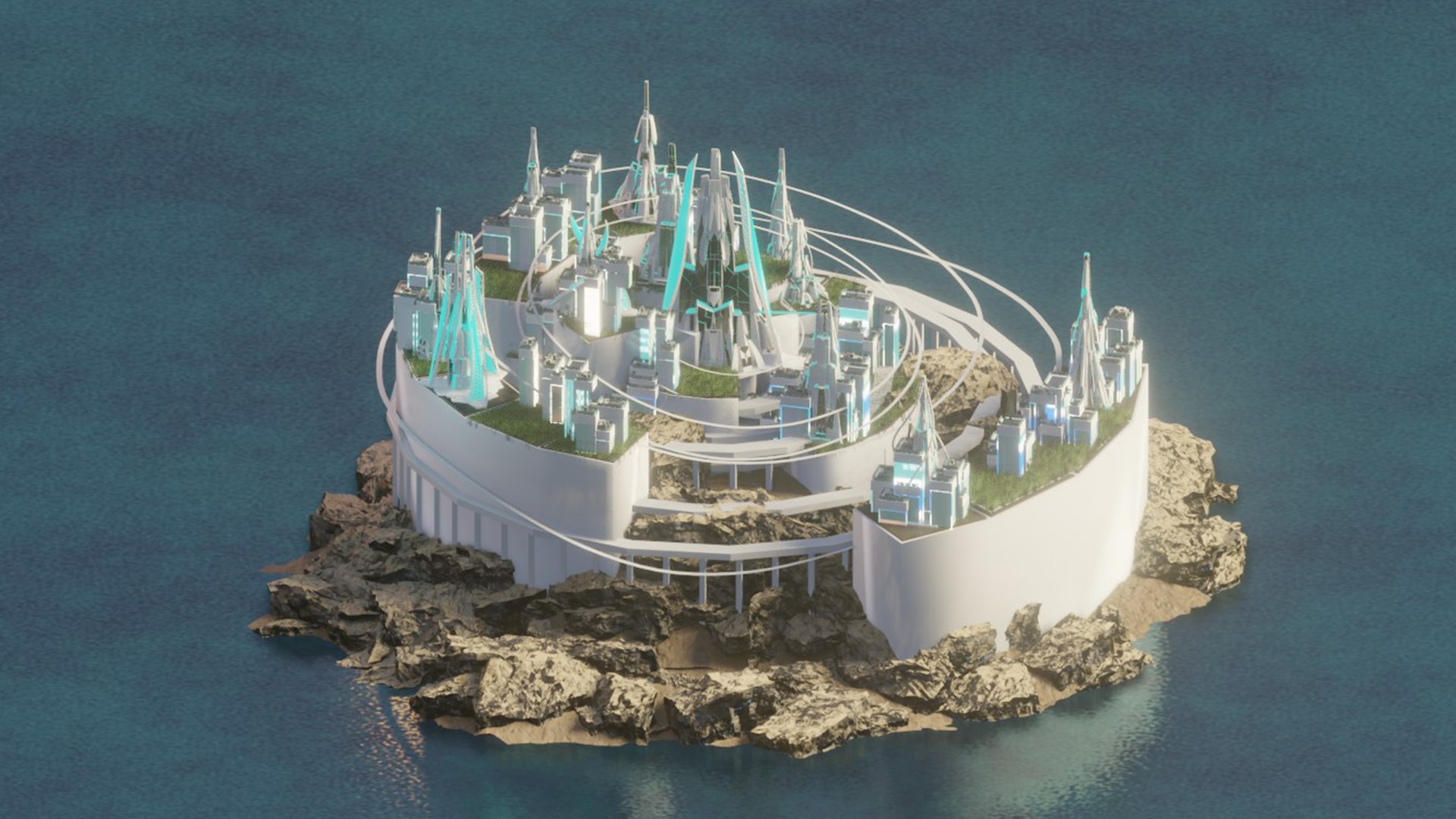 3D Ci-Fi Futuristic Future Fantasy City Island Cityscape Castle ...