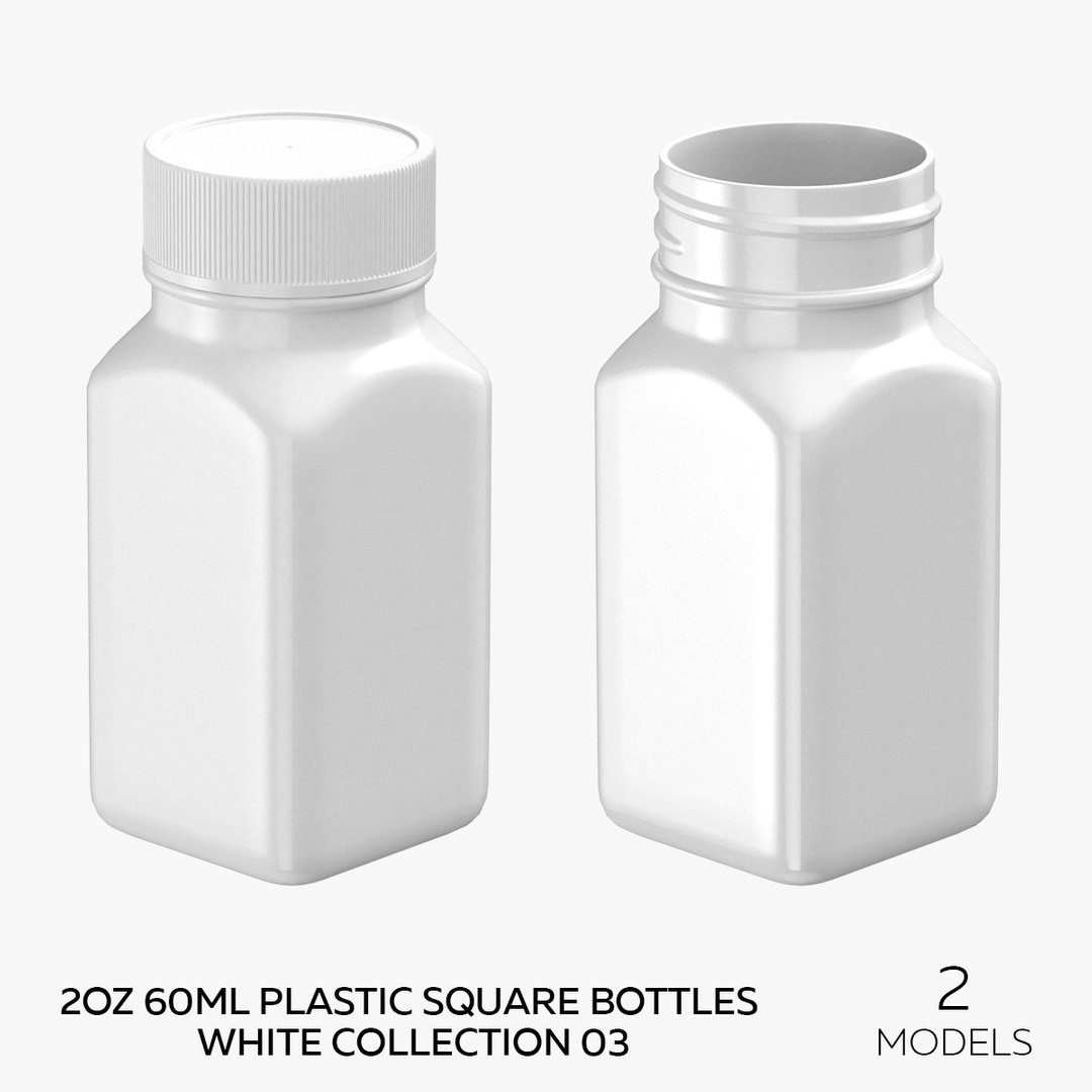 2oz 60ml Plastic Square Bottles White Collection 03 - 2 Models 3D ...