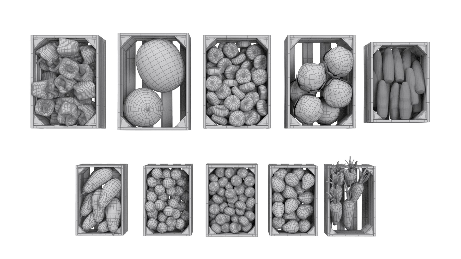 Fruit And Vegetable Assortment In Crates 3D Model - TurboSquid 2184062