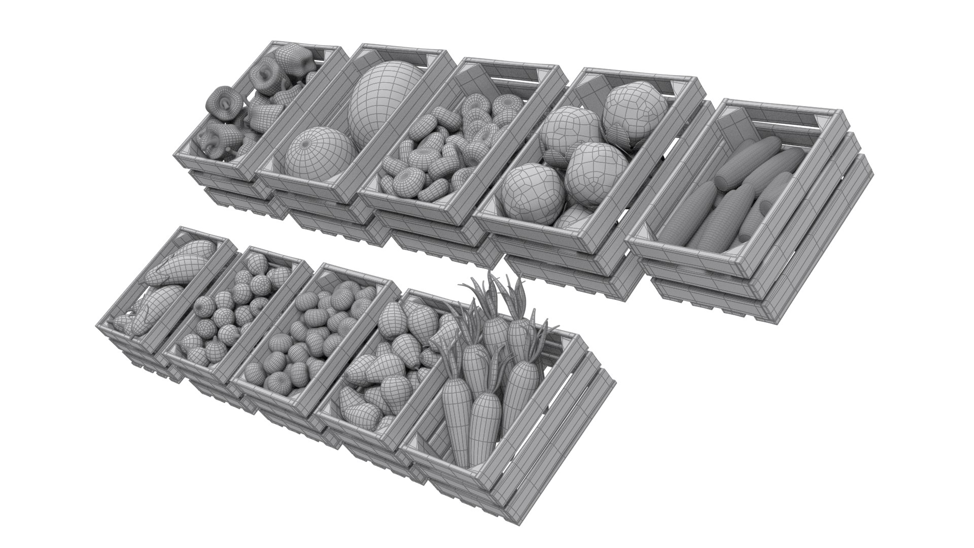 Fruit And Vegetable Assortment In Crates 3D Model - TurboSquid 2184062