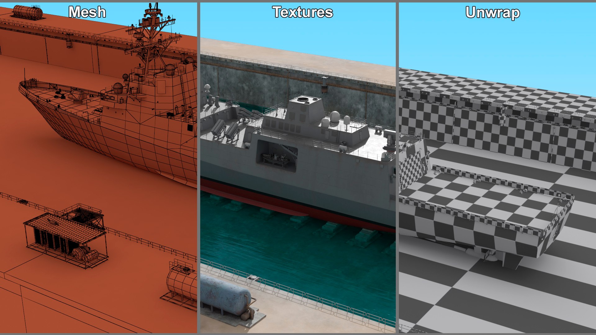 Concrete Naval Dry Dock With Warship Animated 3D Model - TurboSquid 2425274