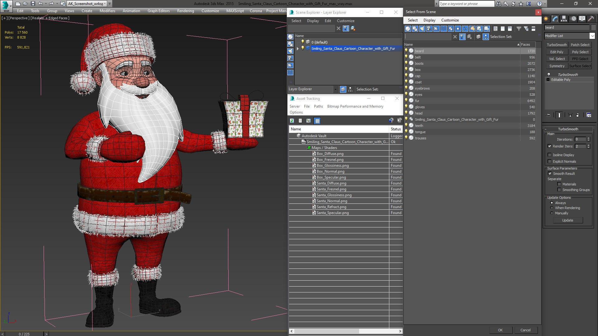3D Smiling Santa Claus Cartoon Character With Gift Fur - TurboSquid 2169157