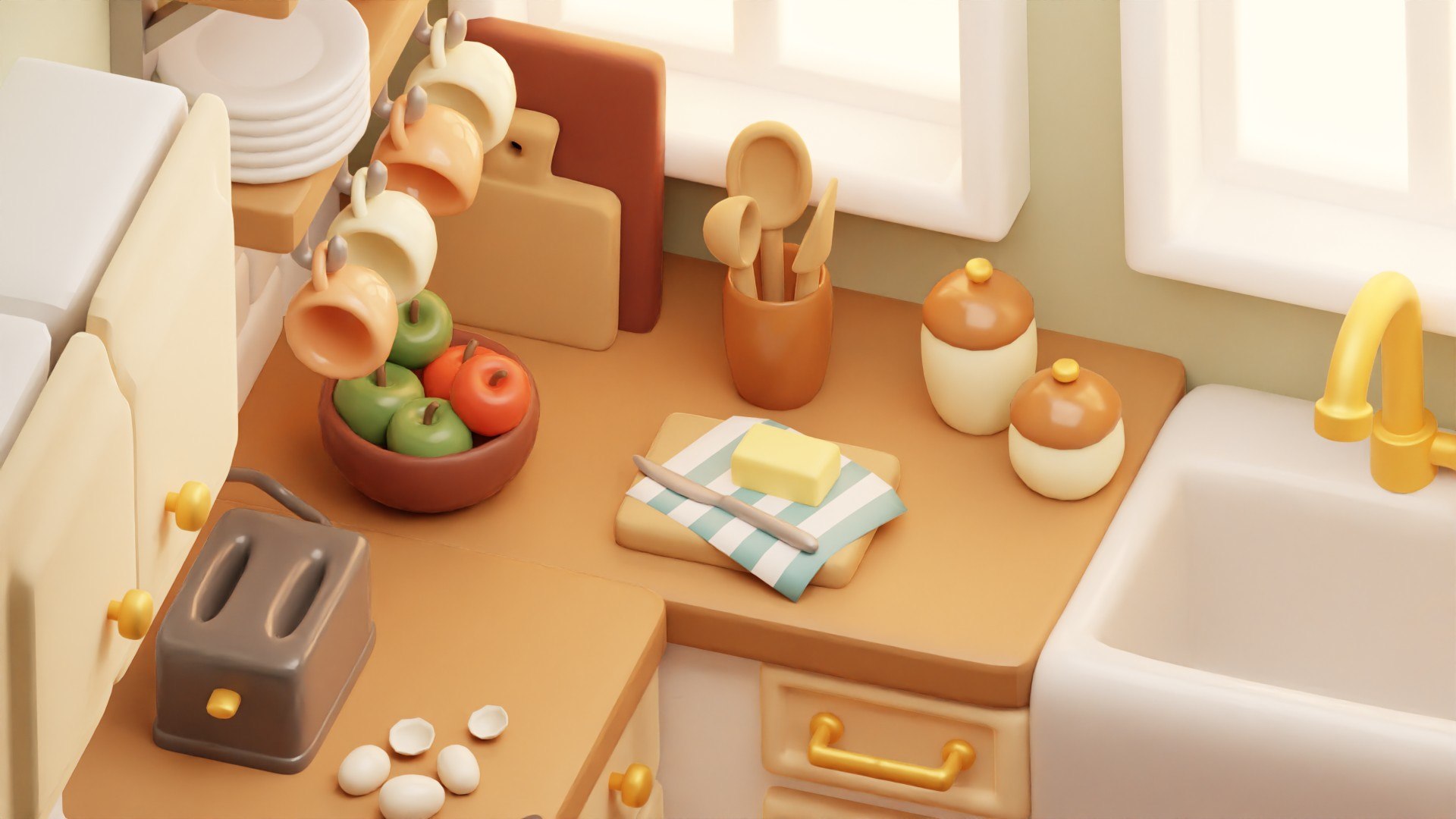 Isometric Stylized Cartoon Kitchen 52 Items Pack Low-poly 3D Model 3D ...