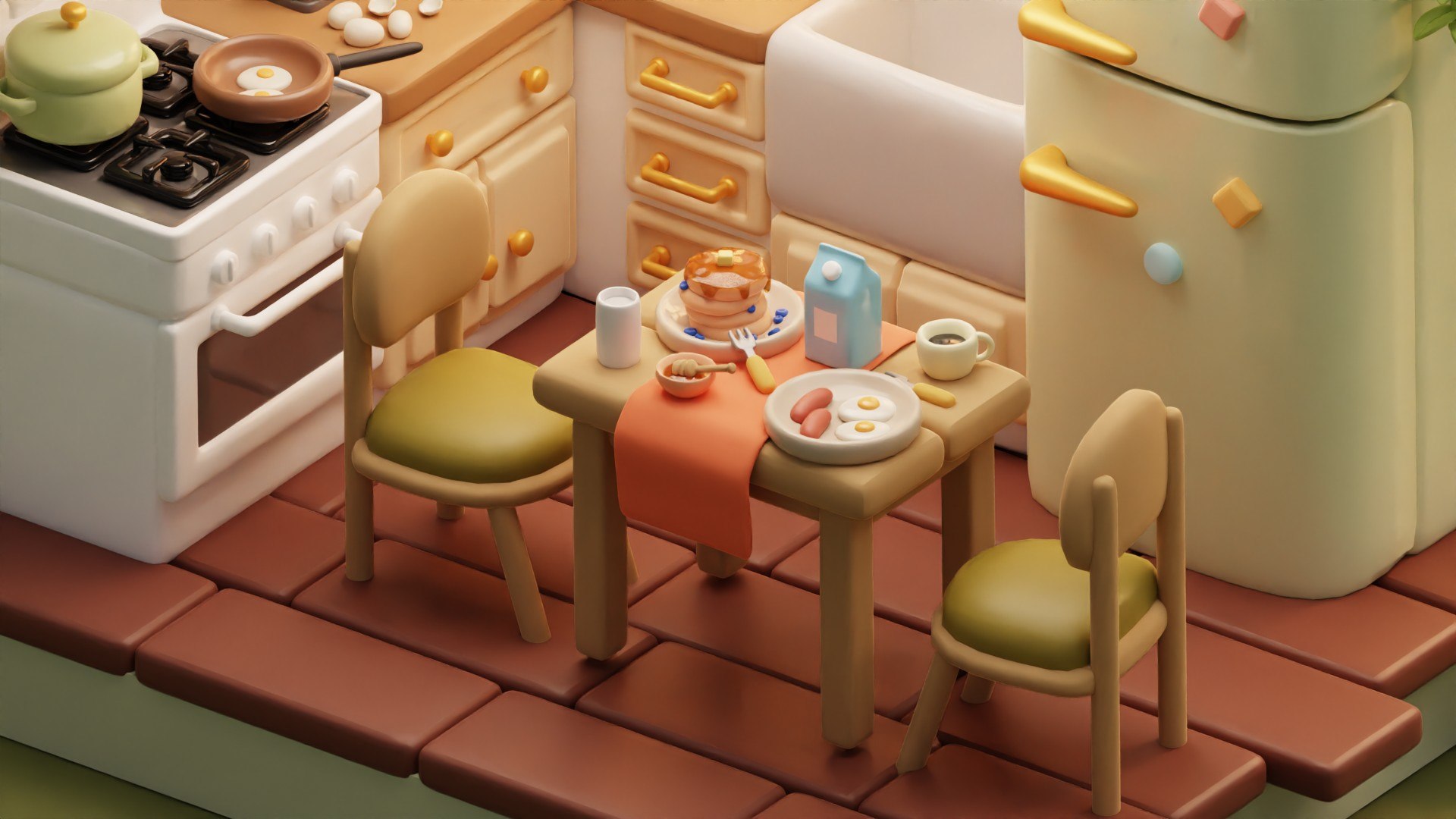 Isometric Stylized Cartoon Kitchen 52 Items Pack Low-poly 3D Model 3D ...