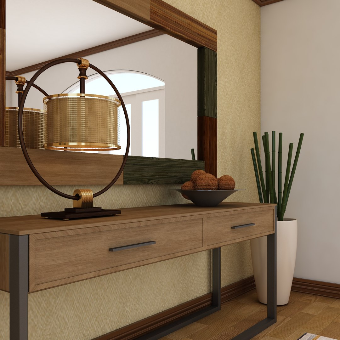 3D Model Living Room Wood Mirror Table Set - TurboSquid 1789637