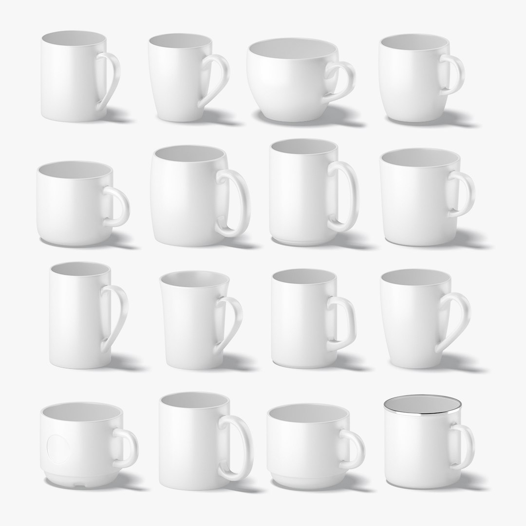 3D 18 Ceramic Mugs Shapes - white cups different forms and sizes ...