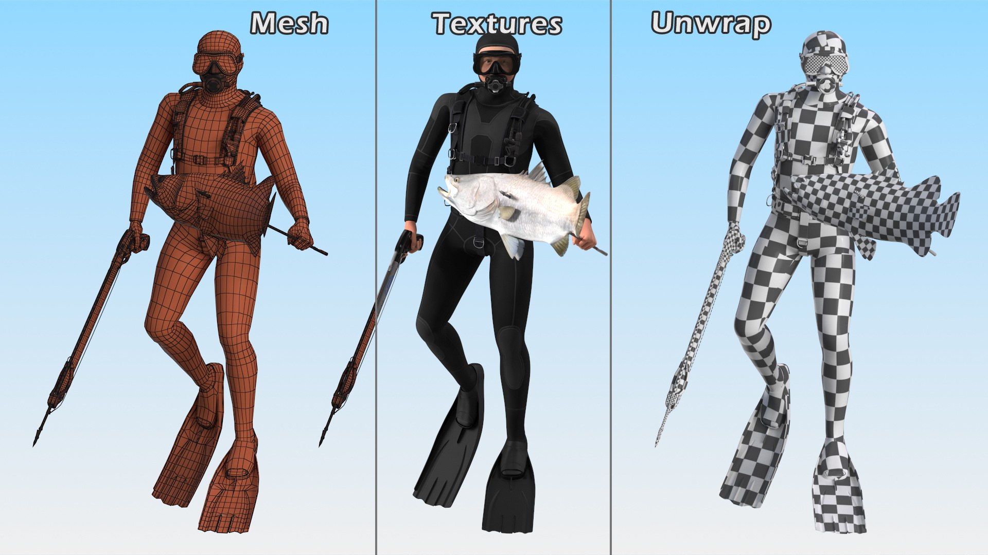 3D Diver With Underwater Speargun And Fish Rigged - TurboSquid 1883235