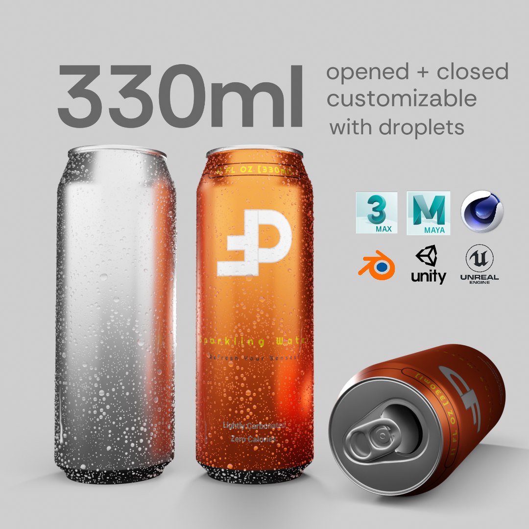 Sleek 330ml Beverage Can Open And Closed Tabs With Droplets Model ...