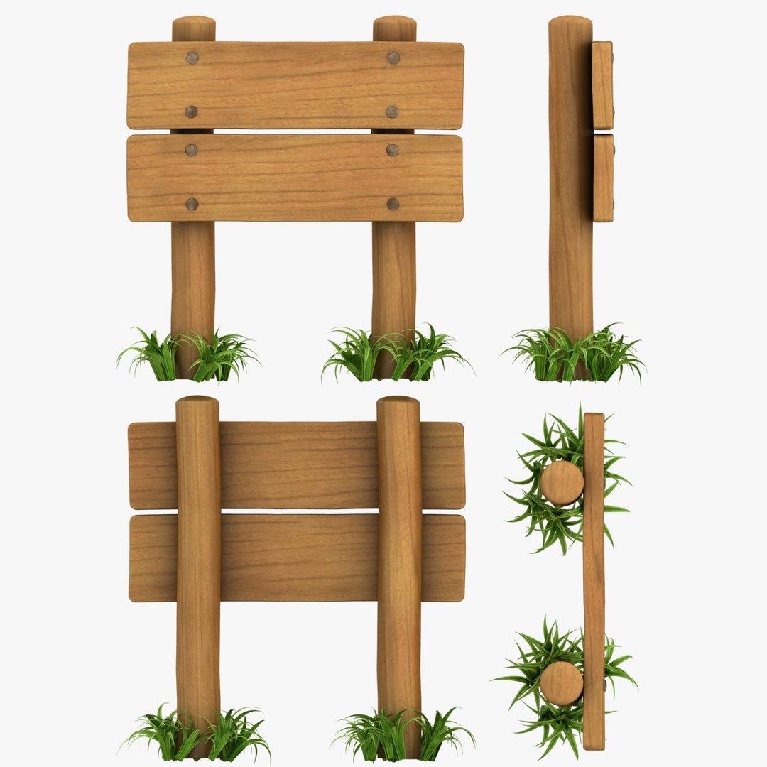 realistic wooden signboard grass 3d model