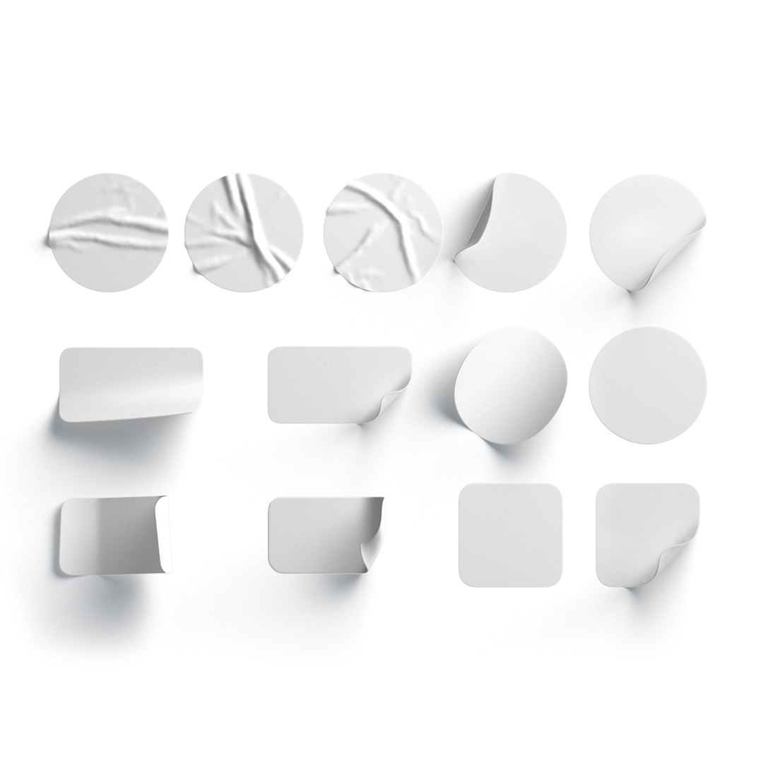 3D White Stickers Set - 13 adhesive round and square sticky labels ...