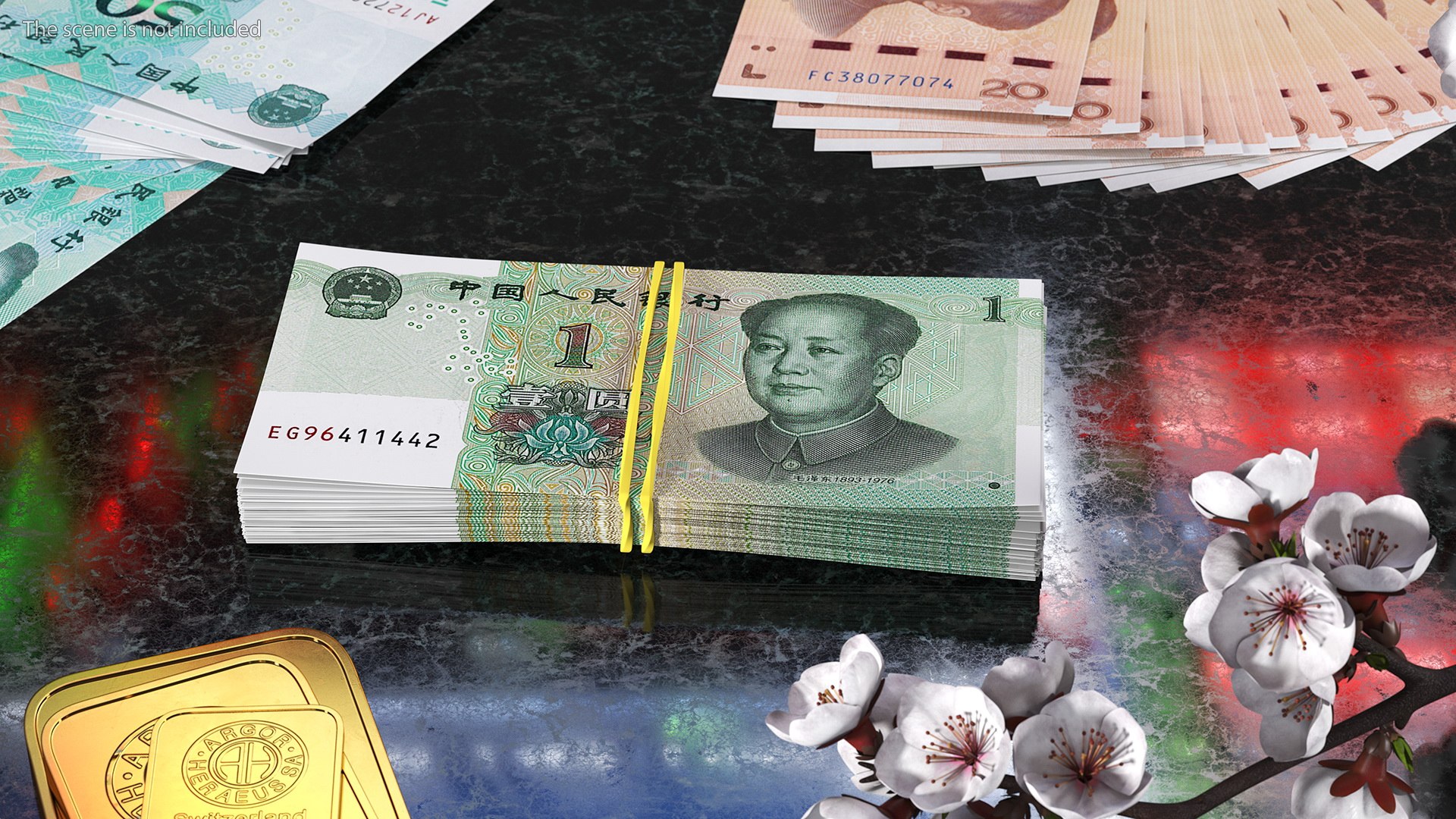 3D Stack Of Chinese 1 Yuan 2019 Bills With Rubber Band Model ...