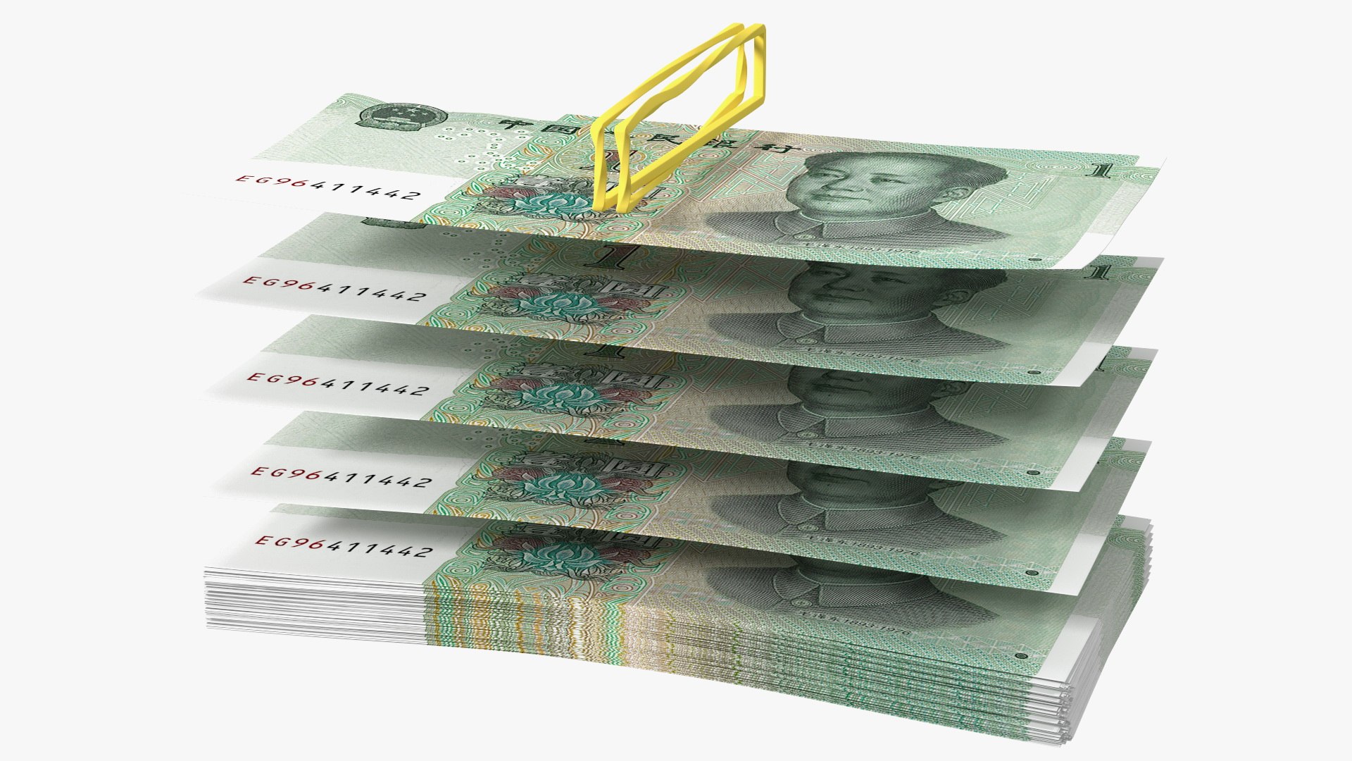 3D Stack Of Chinese 1 Yuan 2019 Bills With Rubber Band Model ...