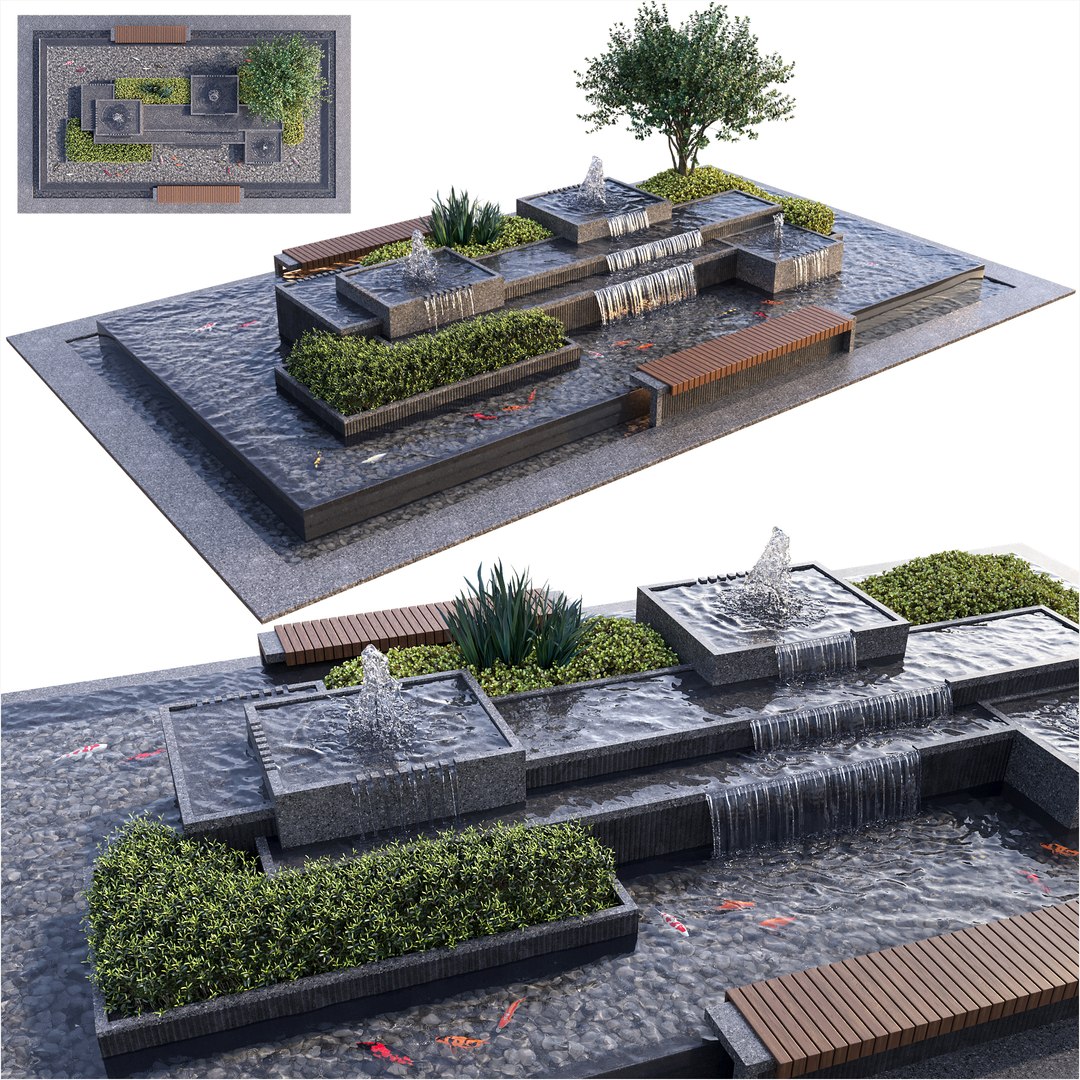 3D Landscaping Figure With Plants Waterfalls And Fish 2 - TurboSquid ...