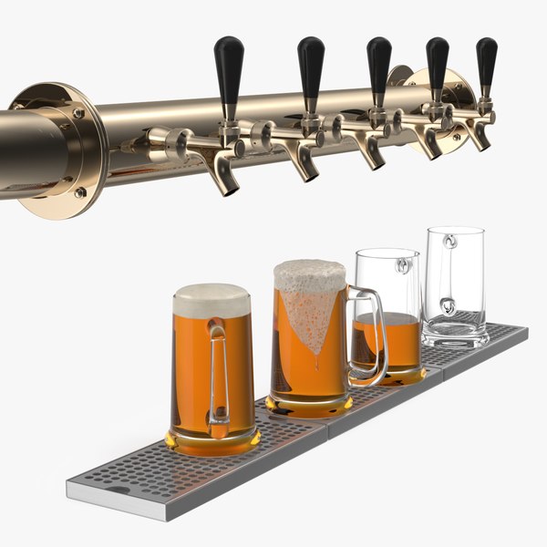 3D Rail Draft Brass Beer Tower with Beer Mugs - TurboSquid 1774234