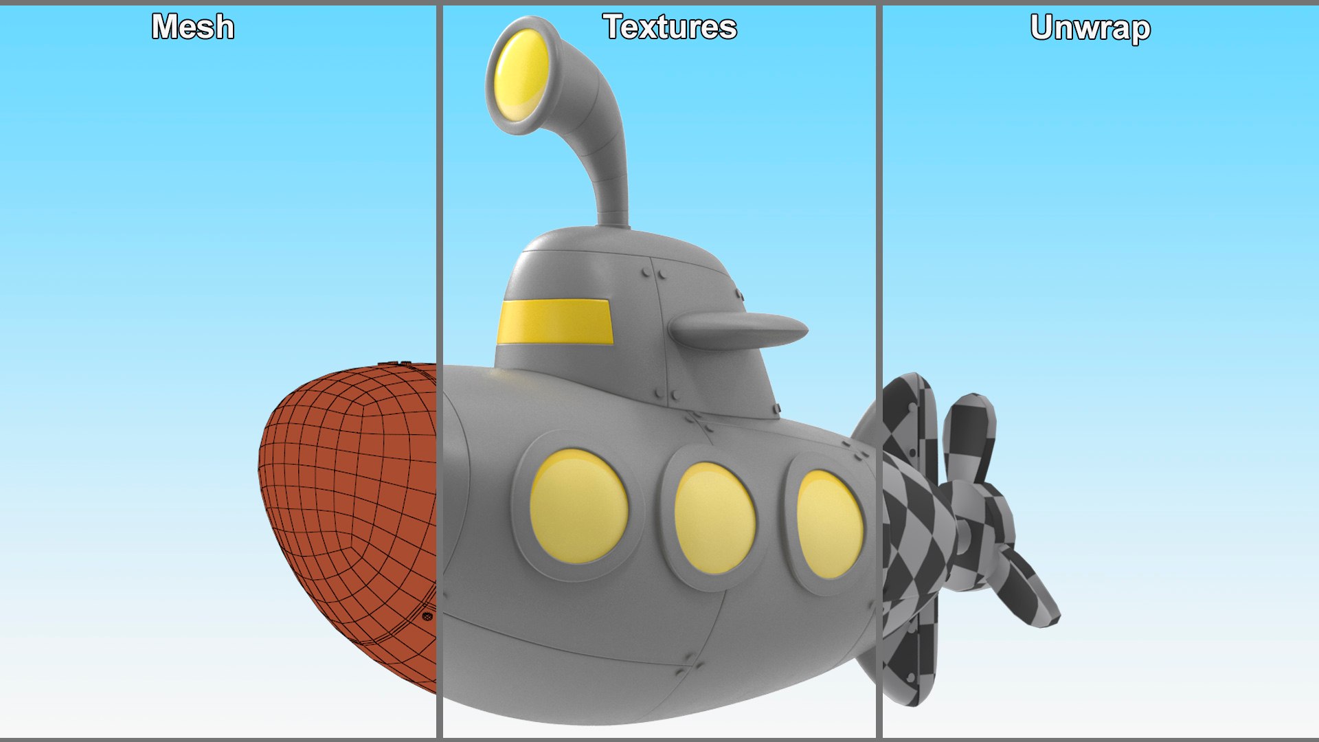 3D Cartoon Grey Submarine Model - TurboSquid 2208803