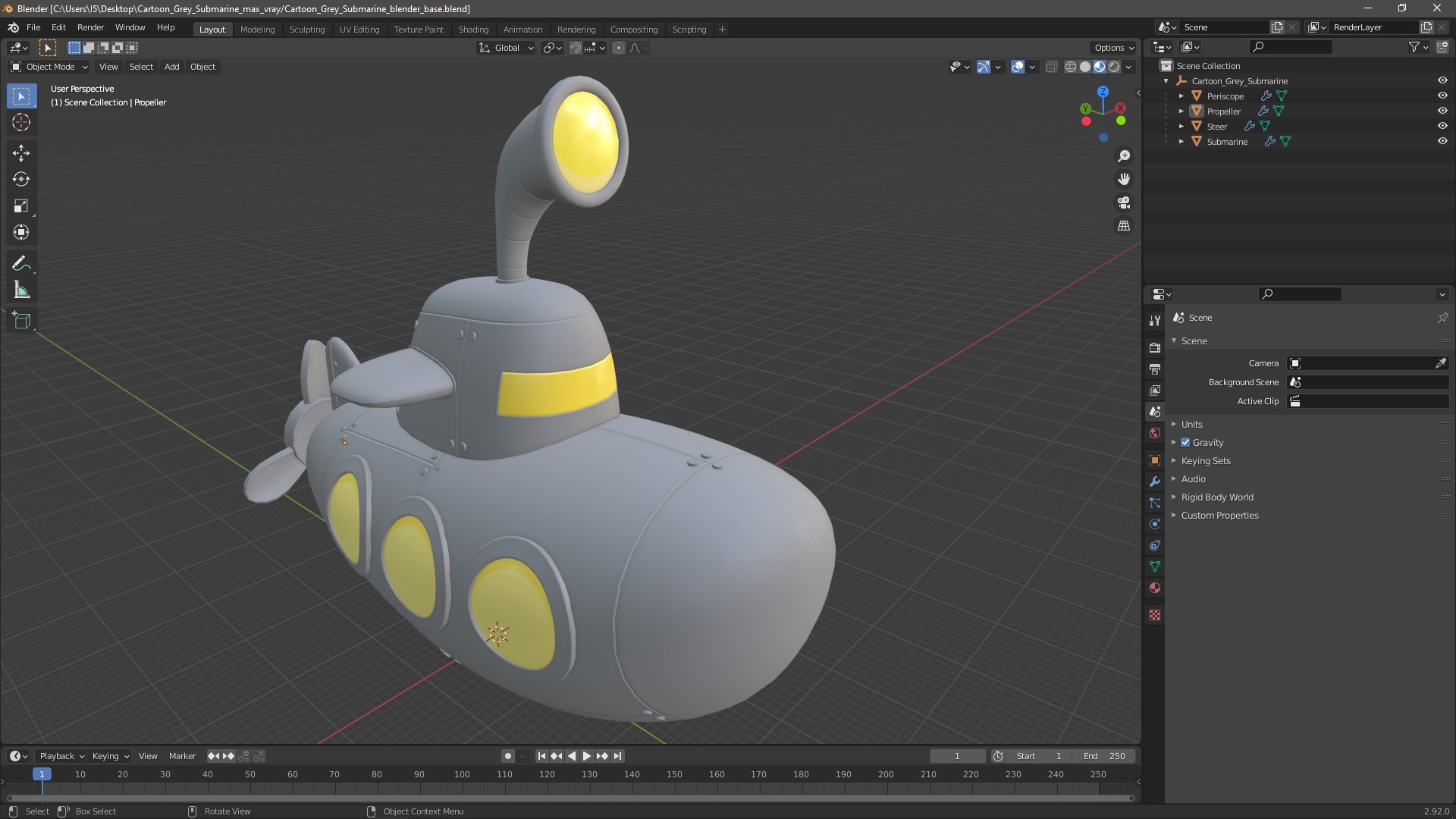 3D Cartoon Grey Submarine Model - TurboSquid 2208803