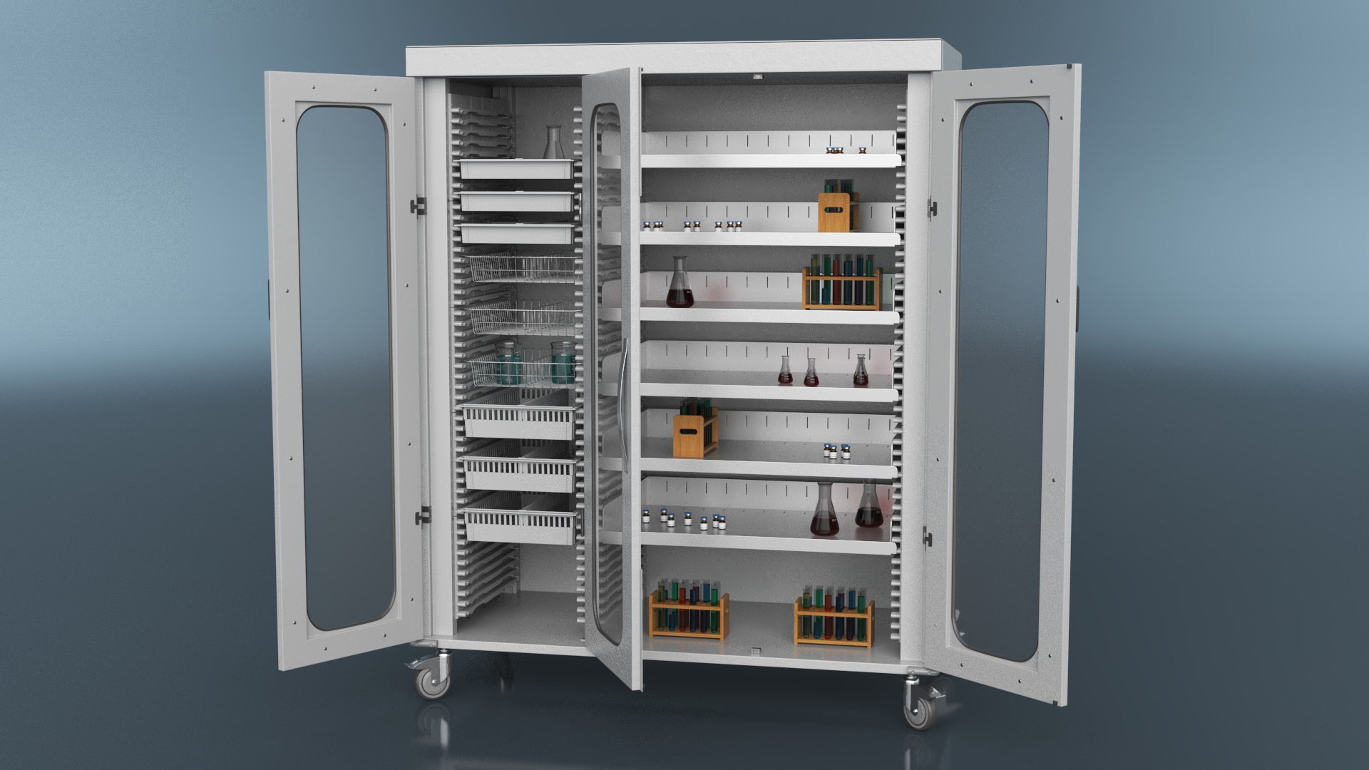 3D Medical Storage Cabinet 3 Cells With Laboratory Vessels Model ...
