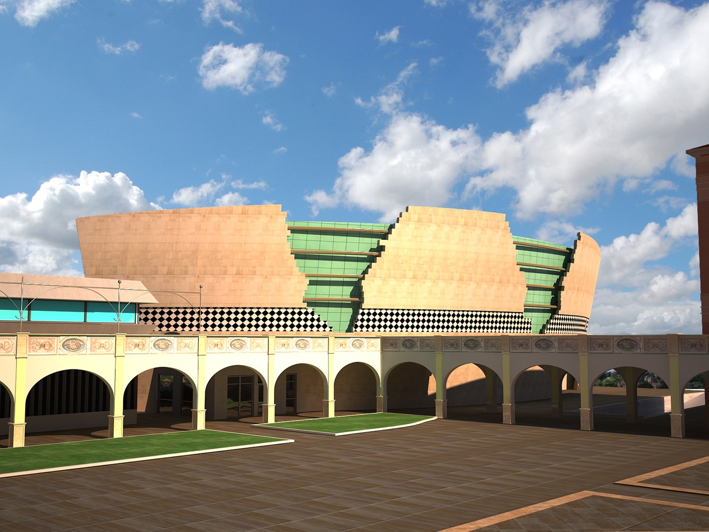 3D Modern Theater Architectural Structure With Square And Arched ...