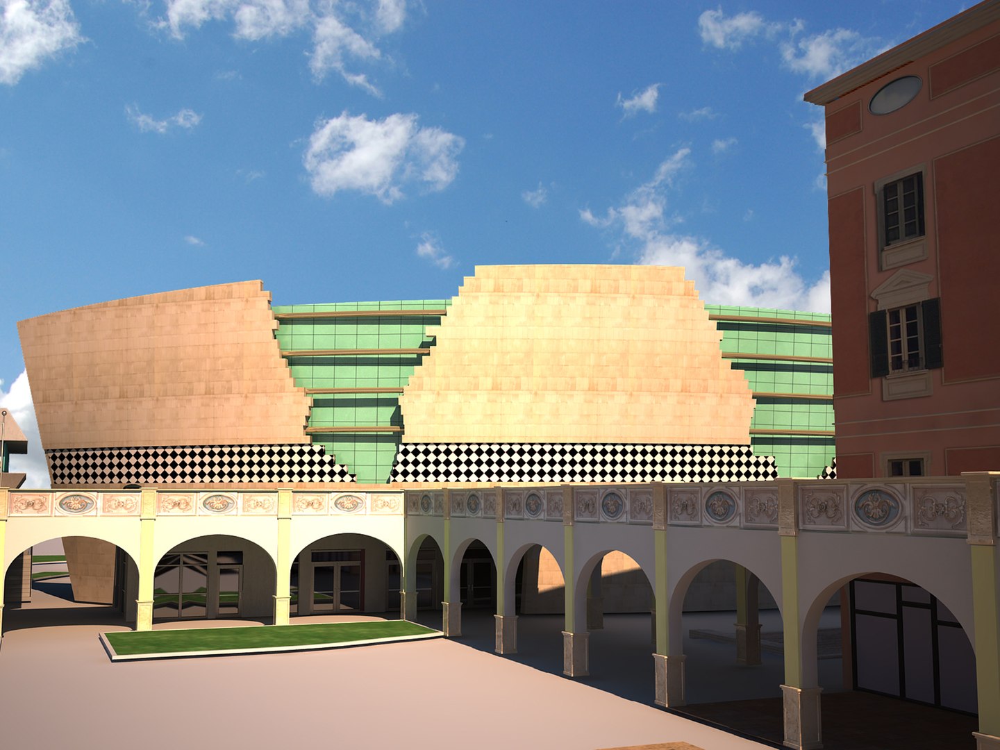 3D Modern Theater Architectural Structure With Square And Arched ...