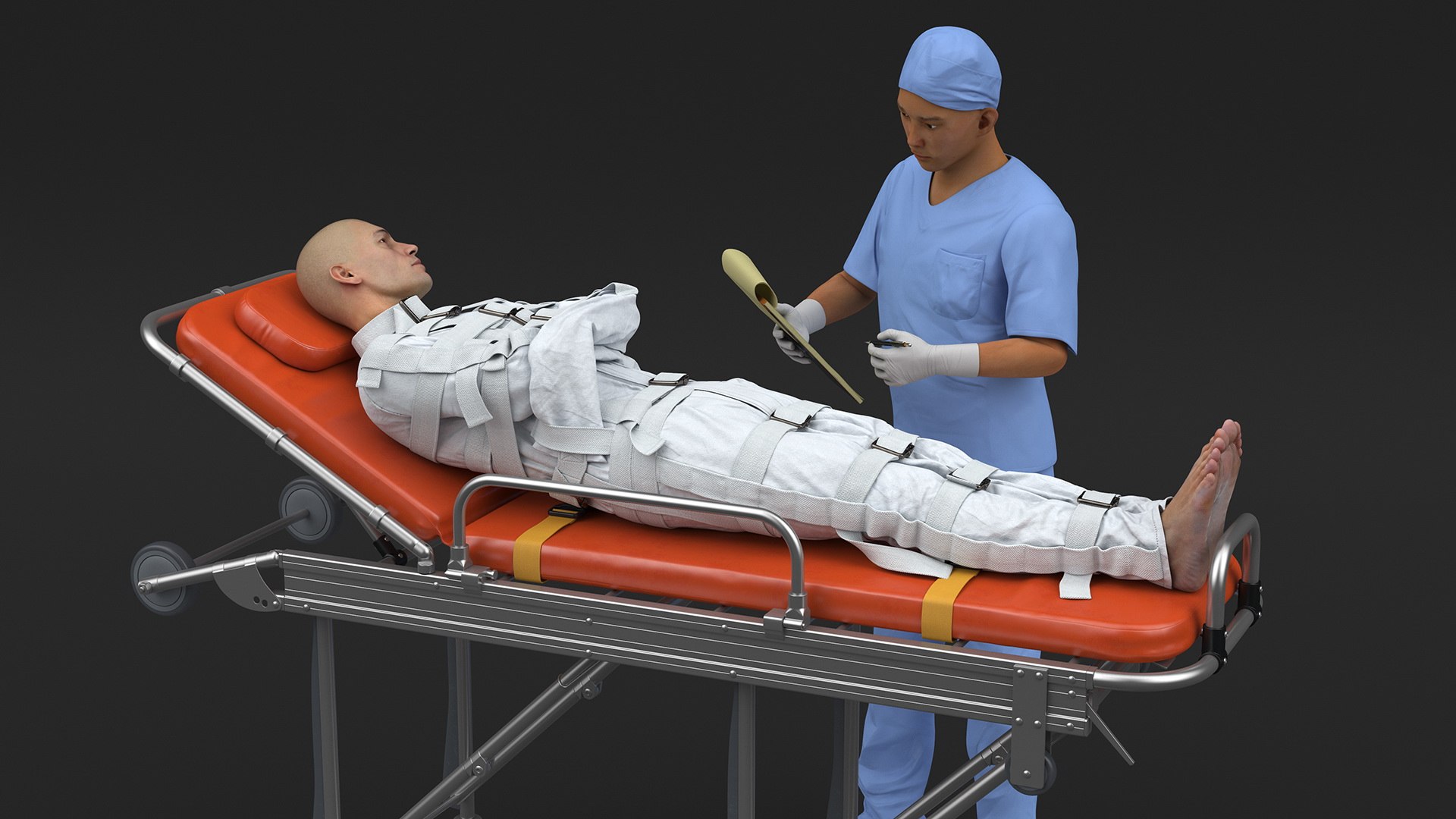 3D Model Paramedic With Patient In Straitjacket On Stretcher ...