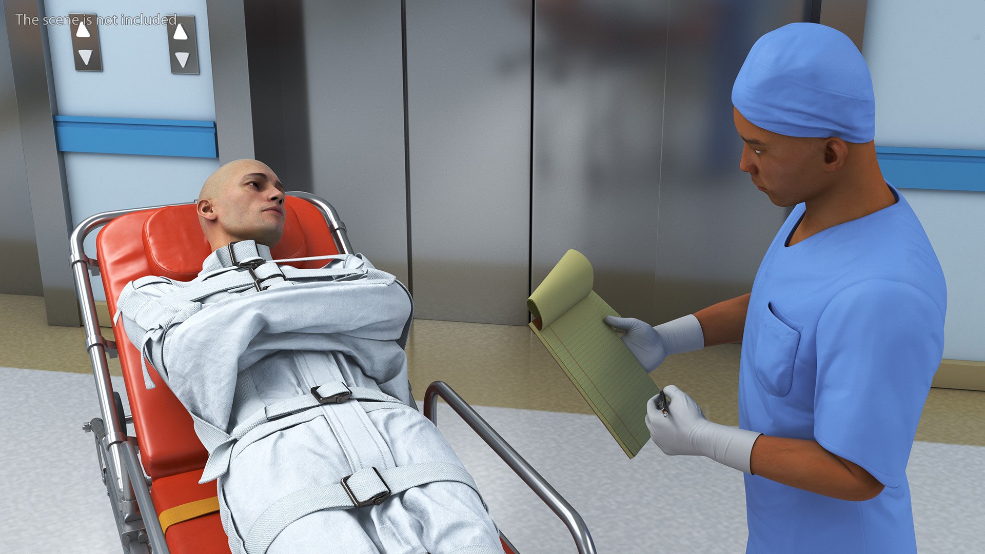 3D Model Paramedic With Patient In Straitjacket On Stretcher ...