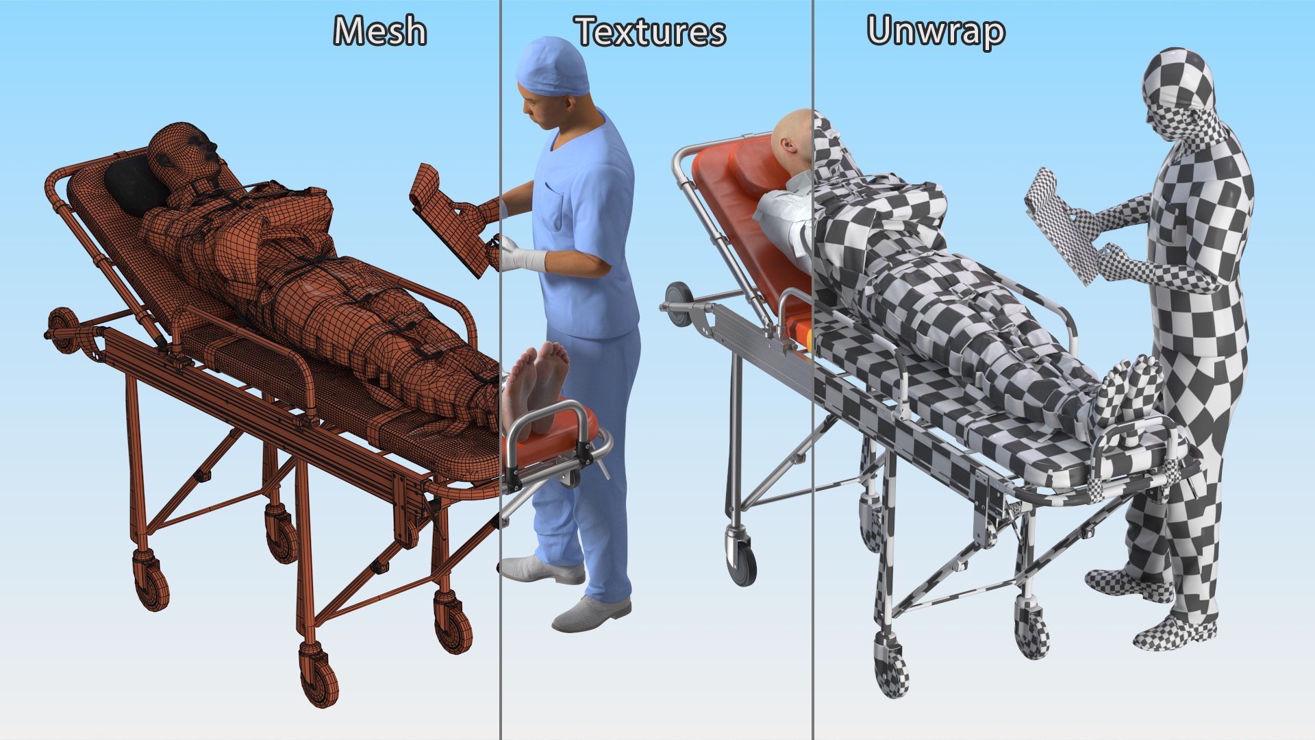 3D Model Paramedic With Patient In Straitjacket On Stretcher ...