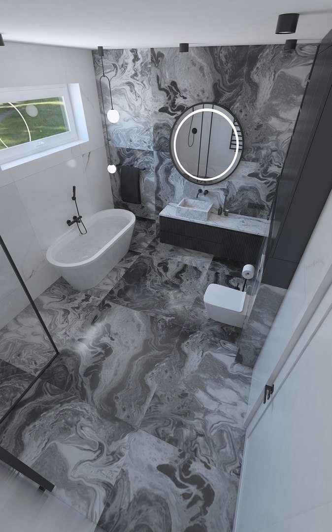 3D Model Bathroom With Dark Mottled Marble Tiles - TurboSquid 2018629