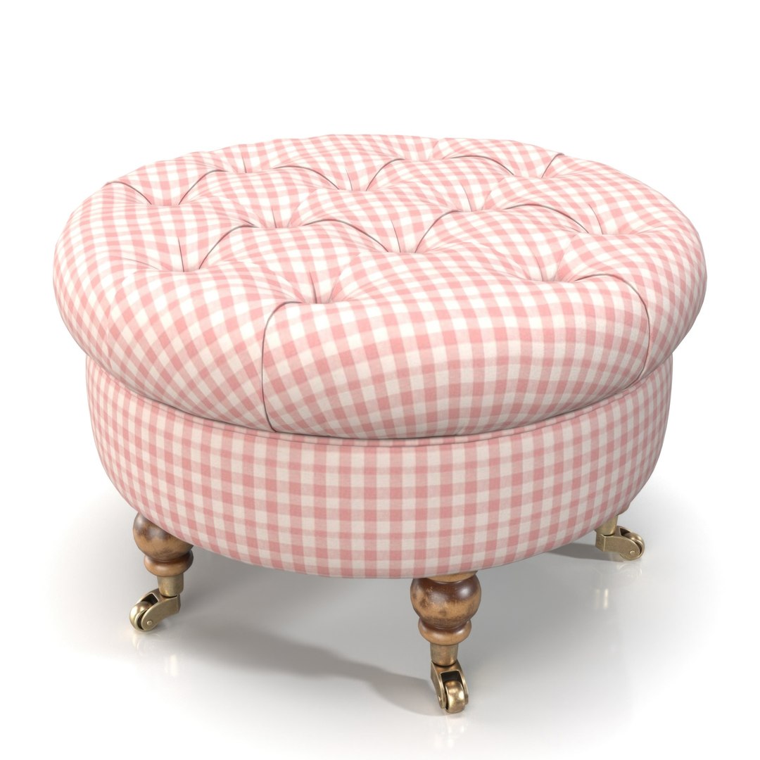 Upholstered Pink Gingham Round Ottoman PBR Model - TurboSquid 2228026