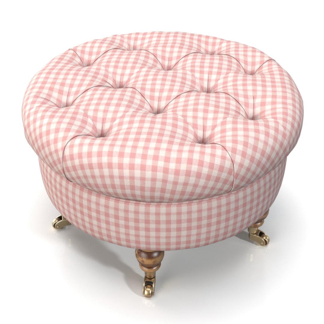 Upholstered Pink Gingham Round Ottoman PBR Model - TurboSquid 2228026