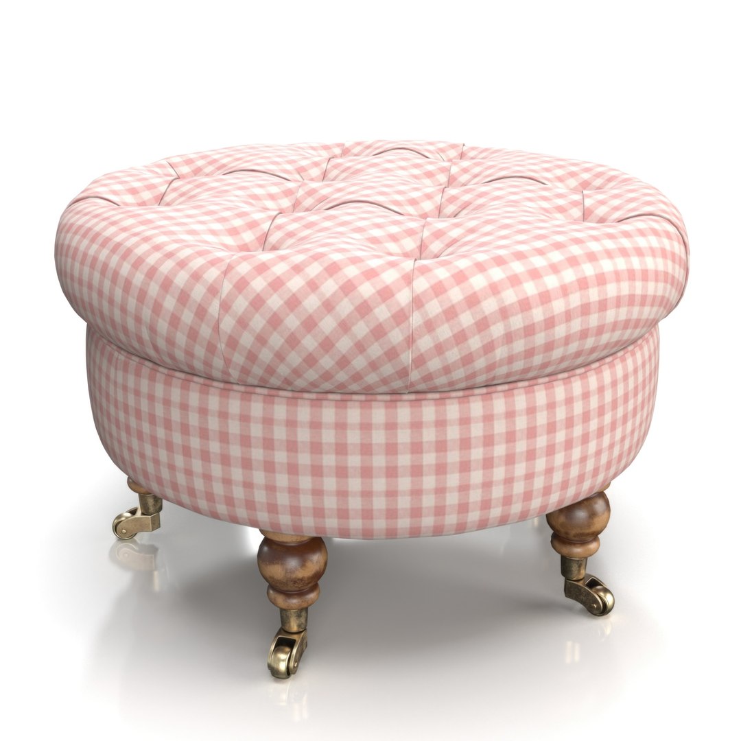 Upholstered Pink Gingham Round Ottoman PBR Model - TurboSquid 2228026