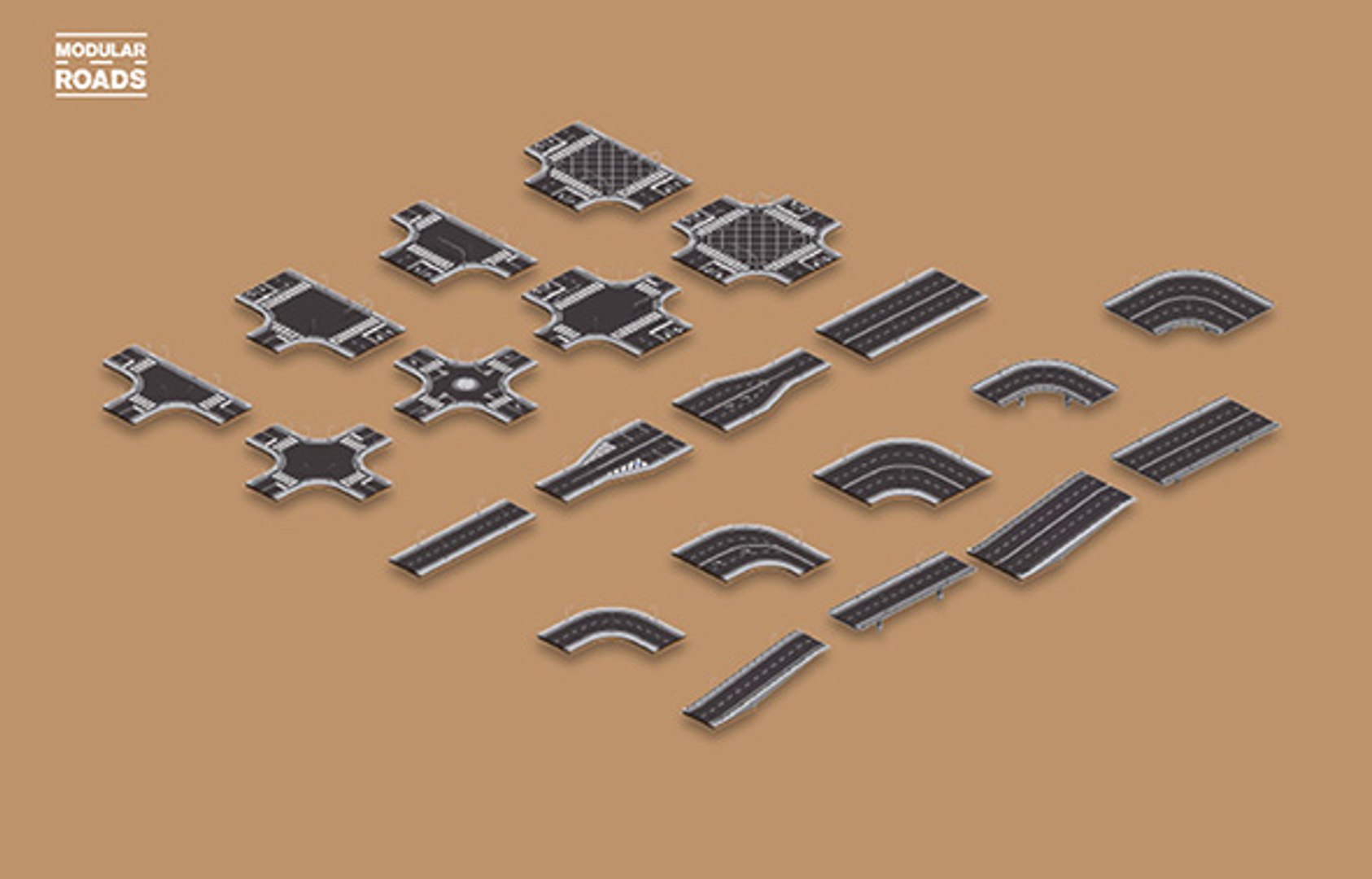 Roads Straight Turn 3d Model