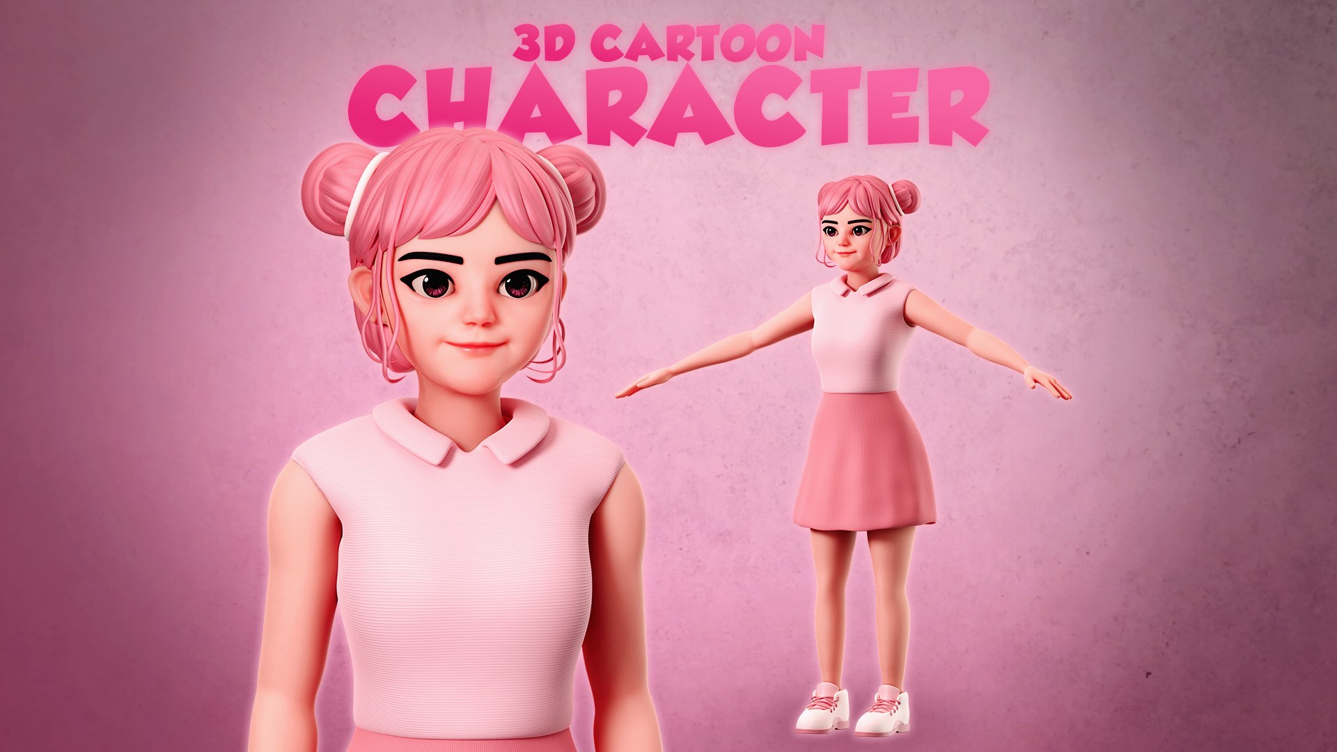 3D Cartoon Character - Cute Female Character with pink cloths 3D ...