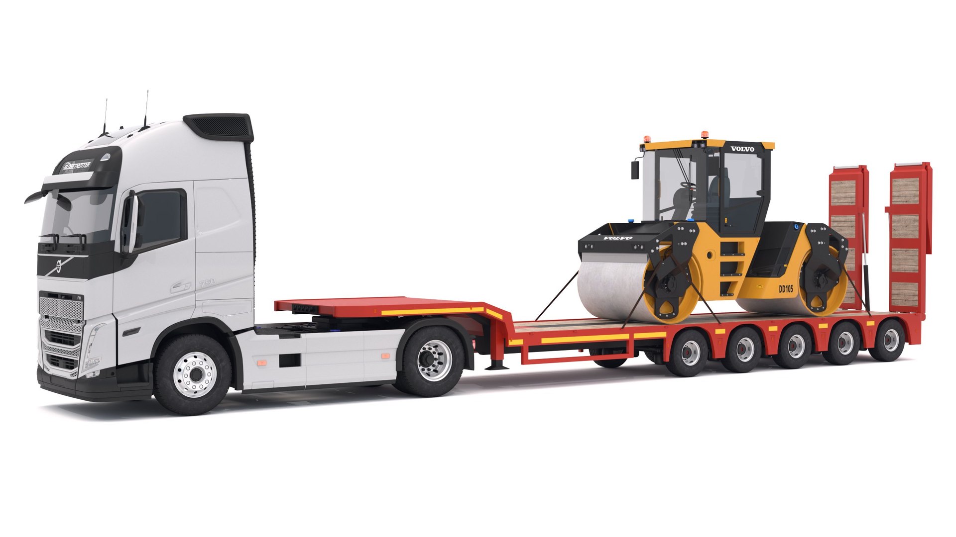 3D Model Volvo Fh16 2021 And Lowboy Trailer With Volvo DD105 Road ...