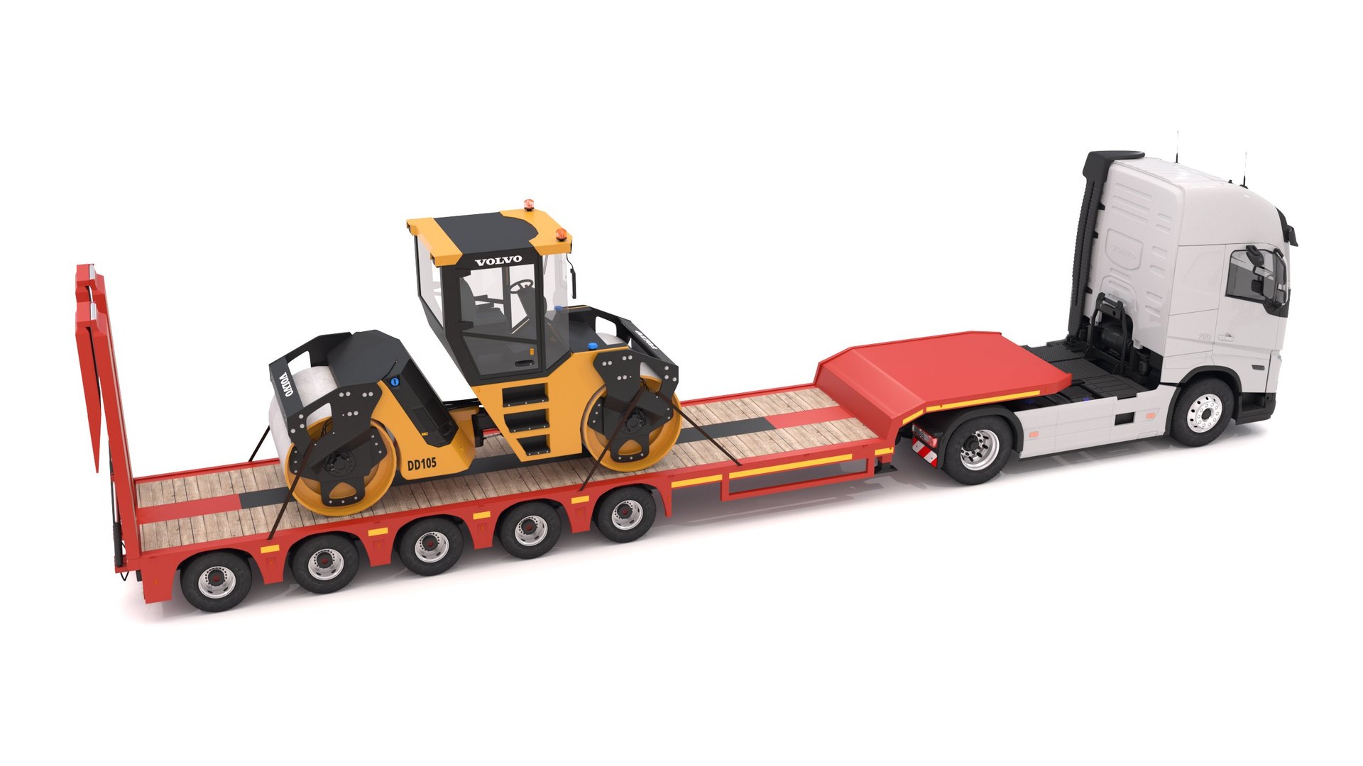 3D Model Volvo Fh16 2021 And Lowboy Trailer With Volvo DD105 Road ...