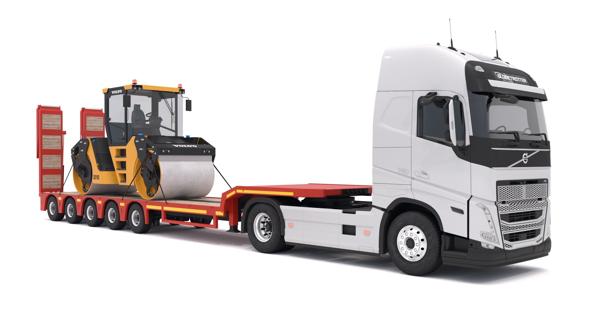 3D Model Volvo Fh16 2021 And Lowboy Trailer With Volvo DD105 Road ...