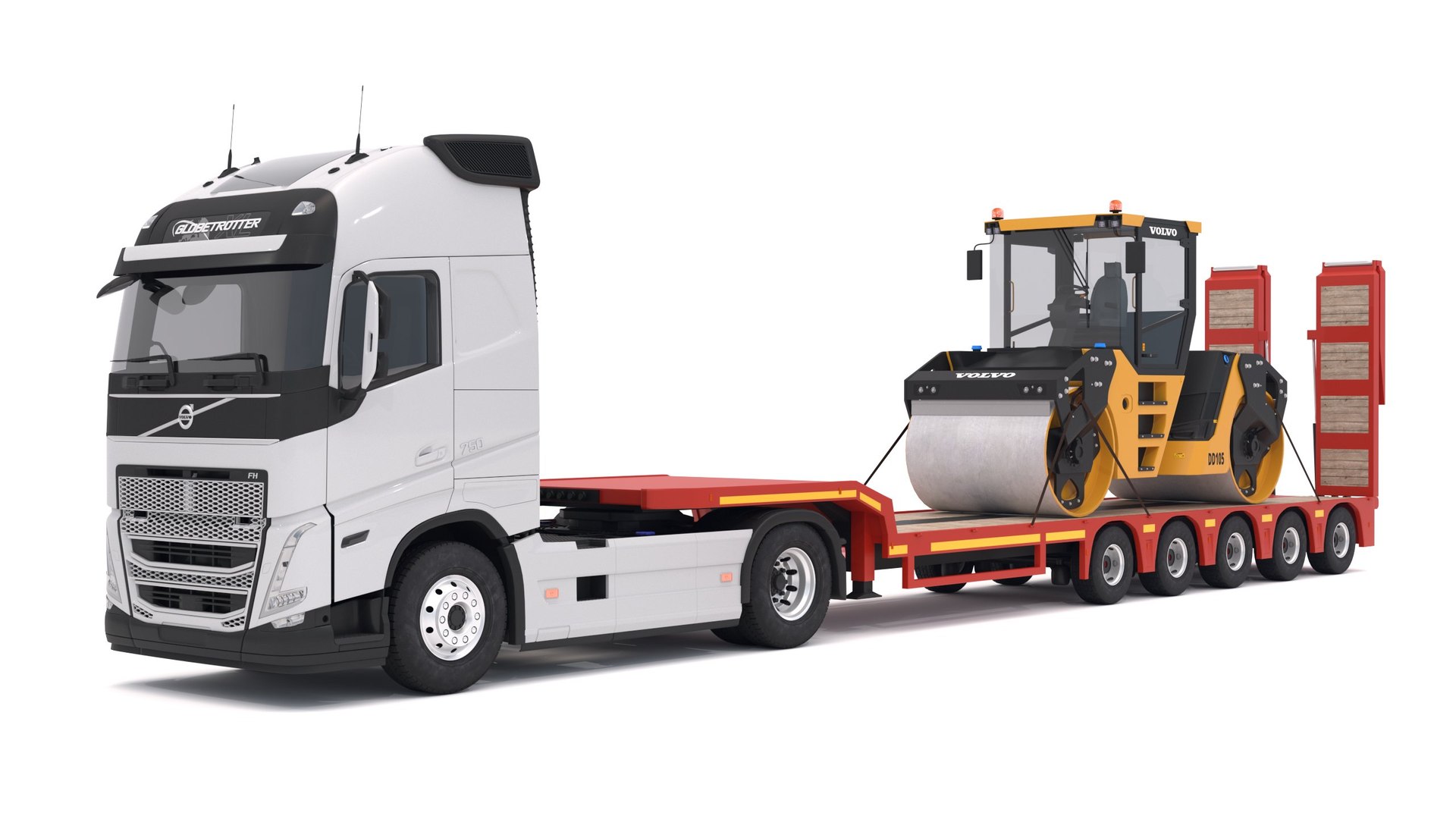 3D Model Volvo Fh16 2021 And Lowboy Trailer With Volvo DD105 Road ...