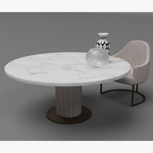 modelo 3d Mesa de comedor redonda de mármol con silla y elementos ...