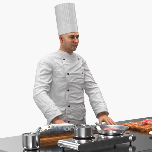modelo 3d Chef con estación de cocina y productos - TurboSquid 2328297