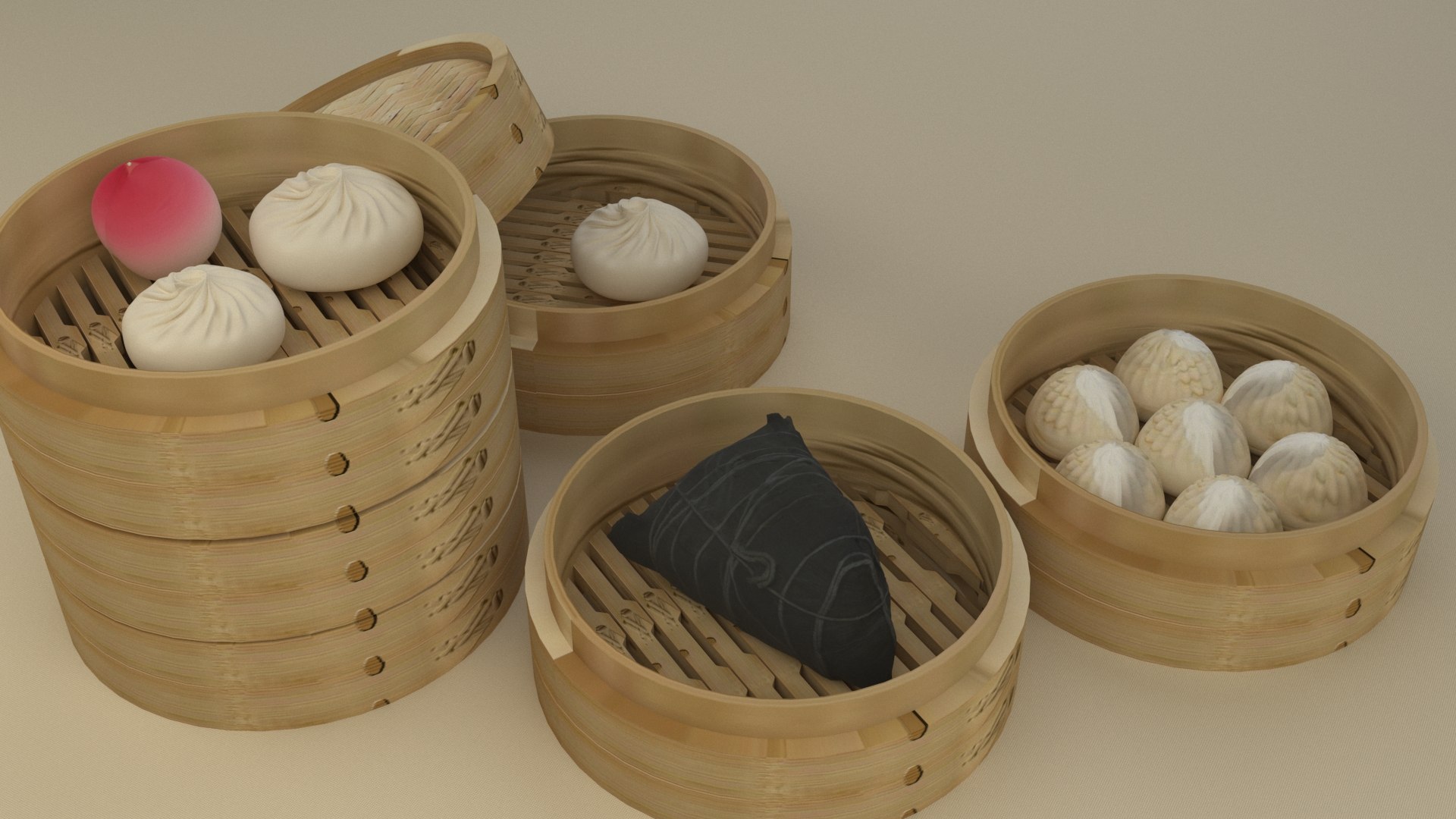 3D Chinese Dim Sum In Bamboo Streamer - TurboSquid 1853507