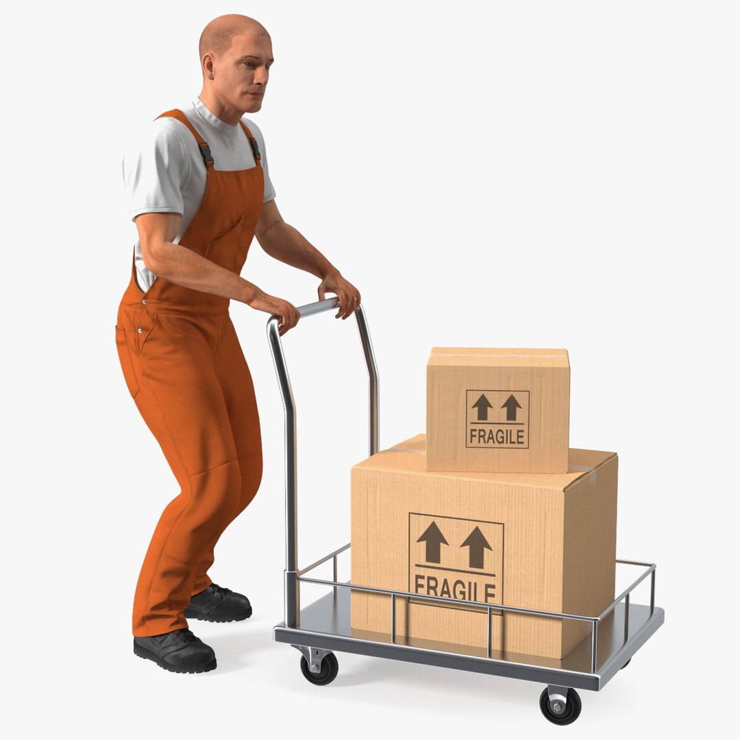 Worker with Trolley Low Platform Railing Cardboard Boxes Fur model ...