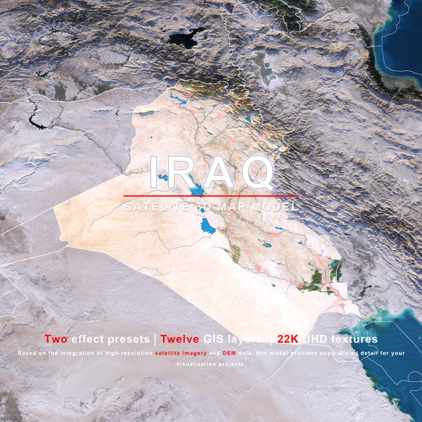 modèle 3D de Carte de l'Irak - Relief réaliste par satellite (22K ...