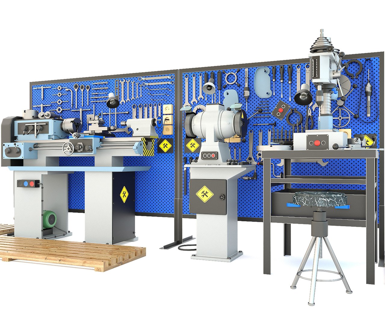 Industrial Workbench Garage Tools And Lathe Grinder Drilling Machine 3D ...