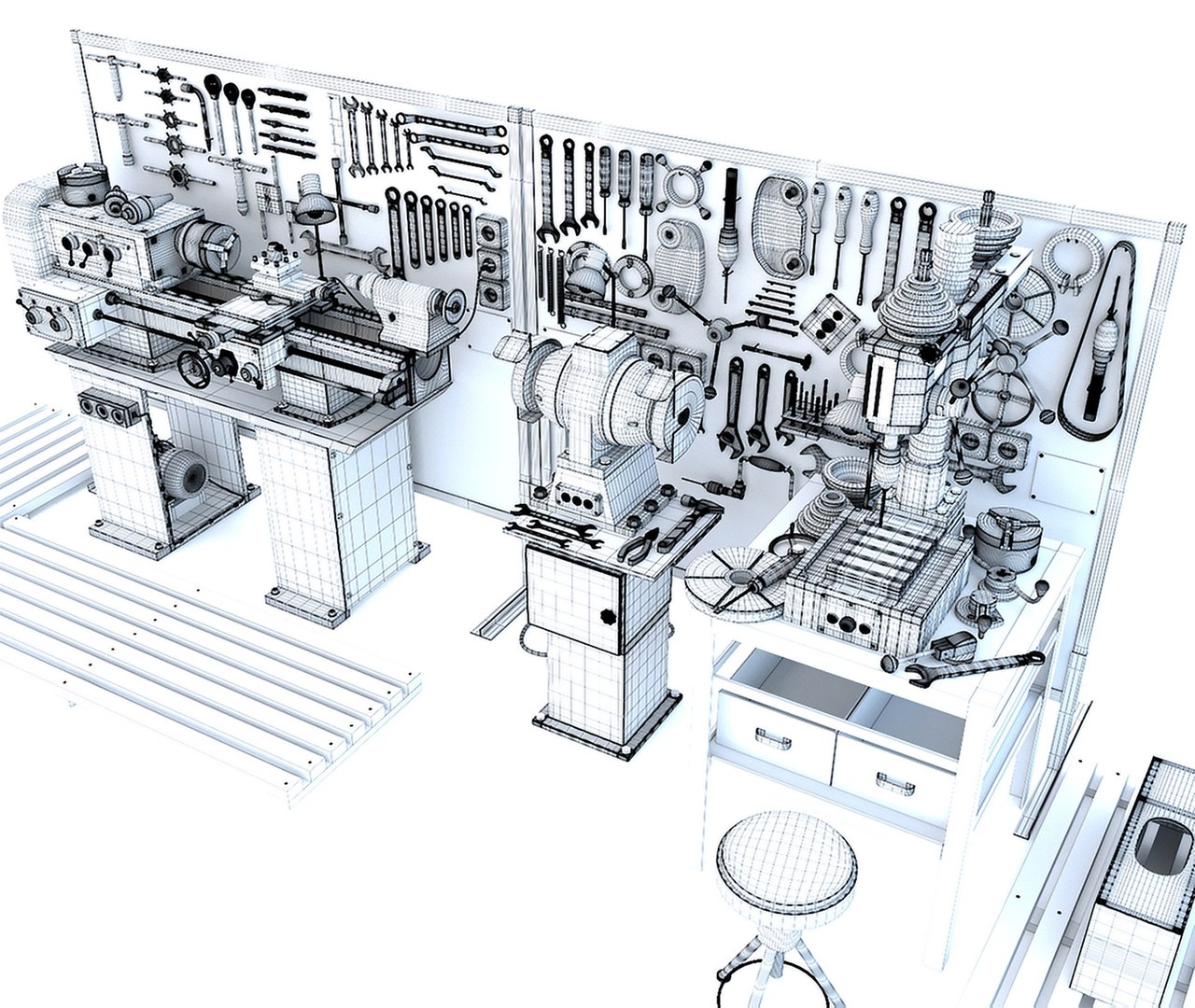 Industrial Workbench Garage Tools And Lathe Grinder Drilling Machine 3D ...